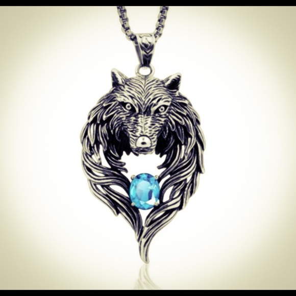 Vintage | Jewelry | Vtg Stainless Steel Blue Sapphire Wolf Necklace ...